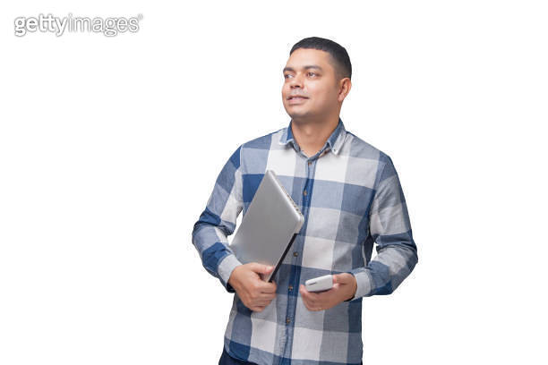 Man with notebook in hands pointing and interacting with the screen ...