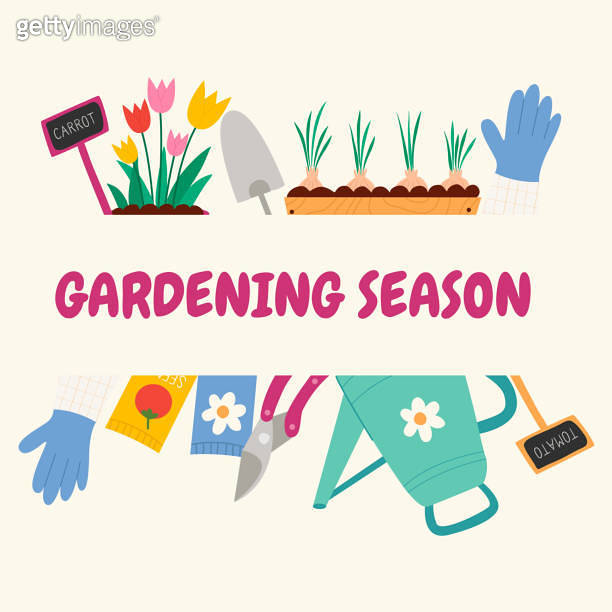 Spring gardening season poster. Flyer with flowers, gardening tools ...