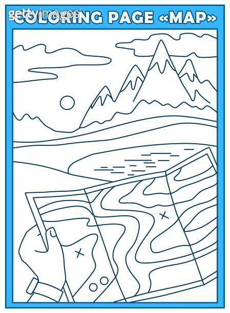 Map and landscape coloring page vector illustration, traveler looking ...