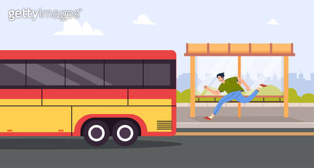 People character late and running bus concept. Vector cartoon graphic ...