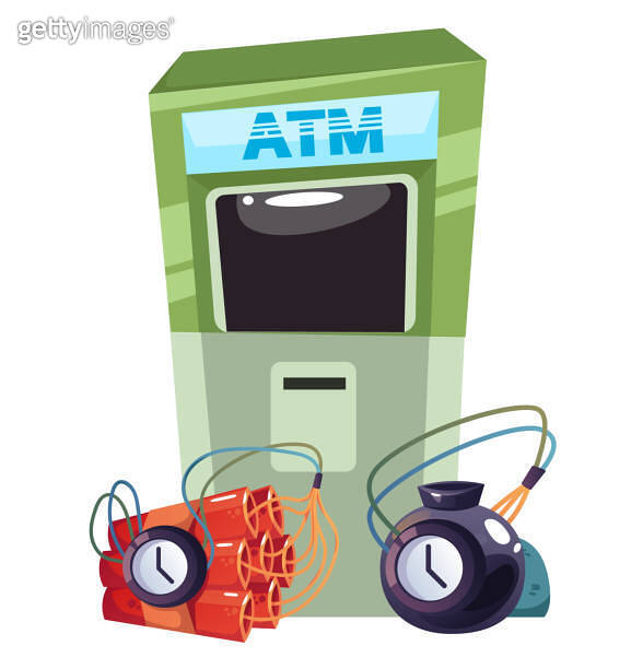 ATM bank robbery wit bomb dynamite isolated concept. Vector flat ...