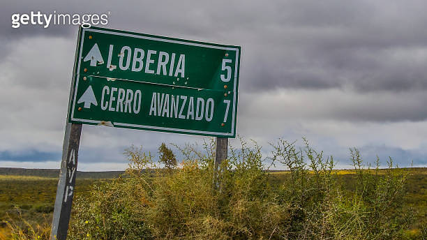 Signpost in the middle of steppen patagonia landscape, puerto madryn ...