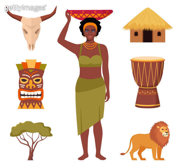 African ethnic style icons. African mask, djembe drum, people, animals ...