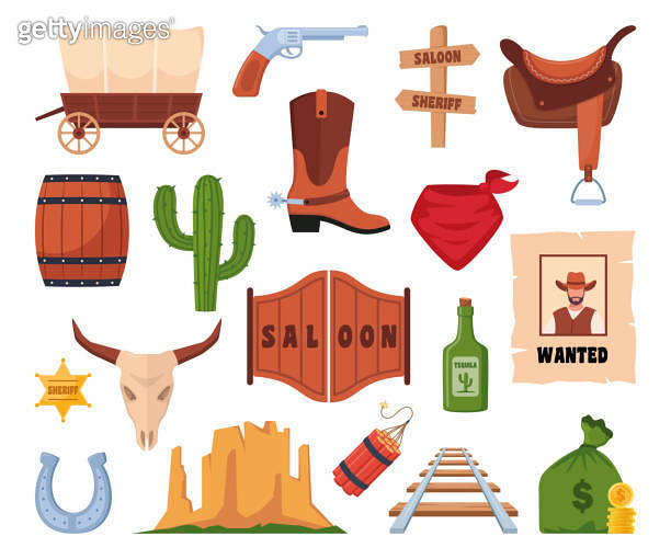 Wild West icons, set. Western and cowboy elements. Signboard, saloon ...
