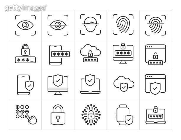 Security technology minimal thin line icons. Related fingerprint, eye security, face detection ...