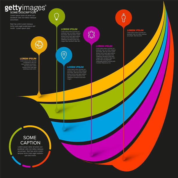 Dark Infographic template with five droplet pointers on curved rainbow ...