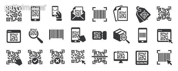 QR Code glyph solid icons collection. Containing barcode, identity ...