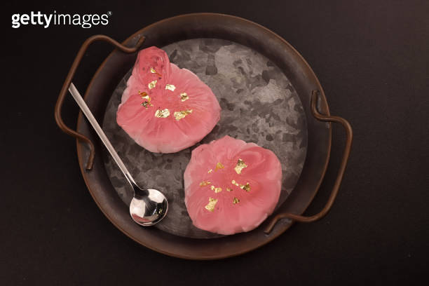 Pink Pudding Jelly Lychee, Garnish with Edible Gold Sheet. 이미지 ...