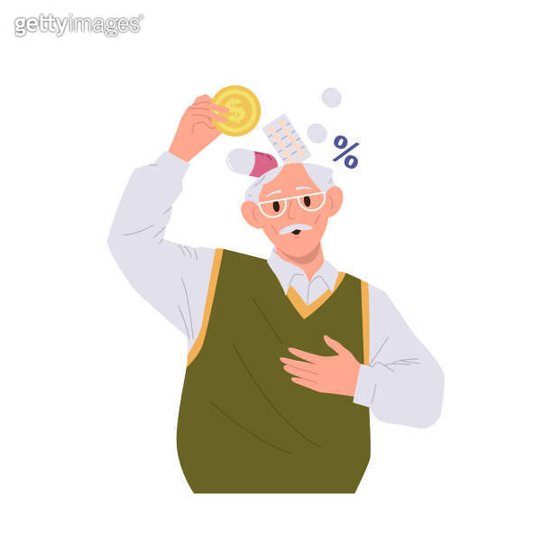 Old senior man cartoon character filling open head with information ...