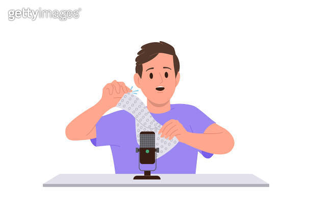 Teenager boy ASMR artist cartoon character creating cute film clapping ...