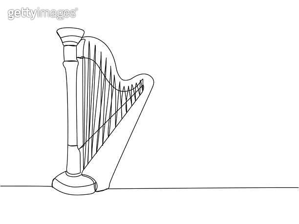 Harp one line art. Continuous line drawing of musical, melody, antique ...