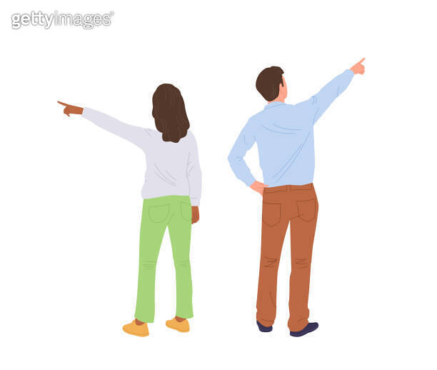 Man and woman cartoon characters pointing in different direction ...
