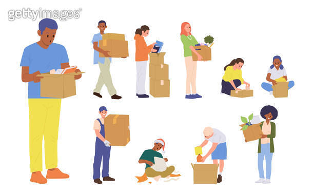 Diverse people flat cartoon characters packing and unpacking cardboard ...