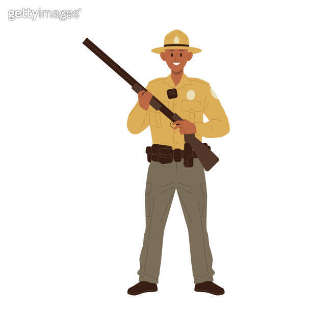 Man forest ranger cartoon character standing with riffle vector ...