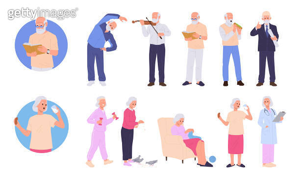 Senior man and elderly woman cartoon characters daily routine, hobby ...