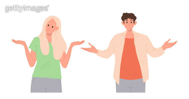 Perplexed man and woman cartoon characters with hands wide spreading ...