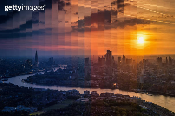 Sunset to night sliced time lapse view of the urban skyline of London ...