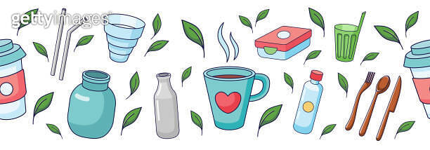 Eco friendly tableware border, frieze, edging, pattern. Zero waste ...