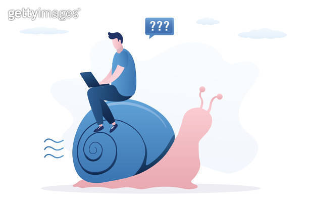 Business man with laptop riding on slow snail. Male user is surfing on ...