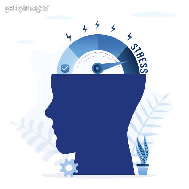 Head silhouette with stress and anxiety meter. High level of exhausted ...