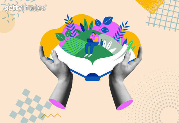 Human hands open book study concept in retro collage vector ...