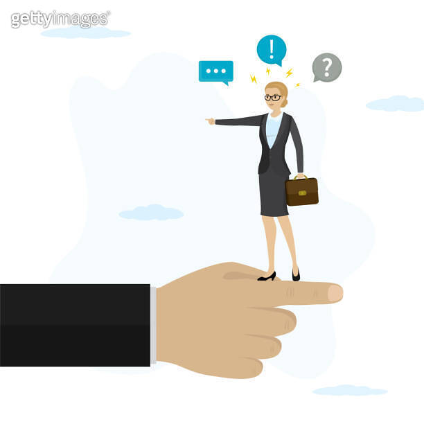 Businesswoman standing on giant hand pointing in opposite direction ...