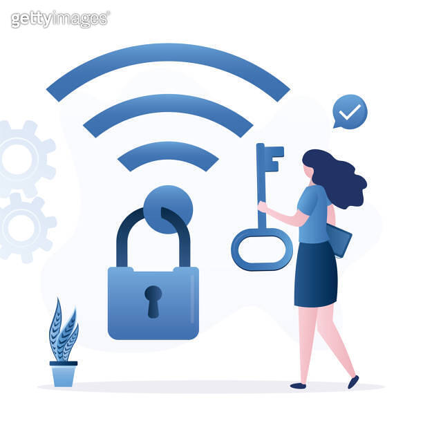Woman user holds big key. wifi network with padlock, good encryption ...