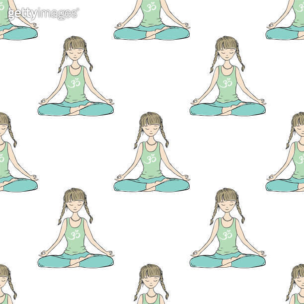 Seamless pattern with girl in lotus yoga pose. Doodle hand drawn ...