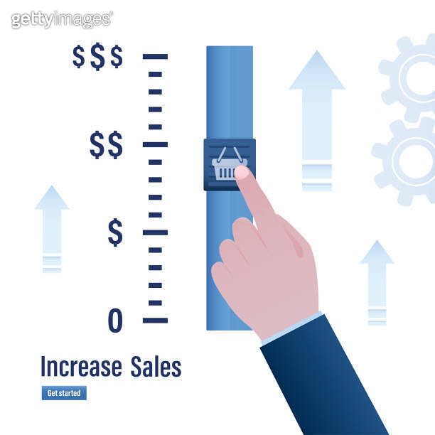 Businessman hand moves up slider on measuring scale. Improvement sales ...