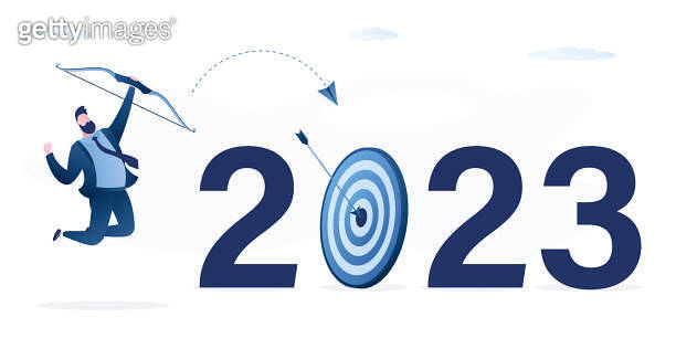 Successful businesswoman leader shot archery arrow hitting bull eyes of ...