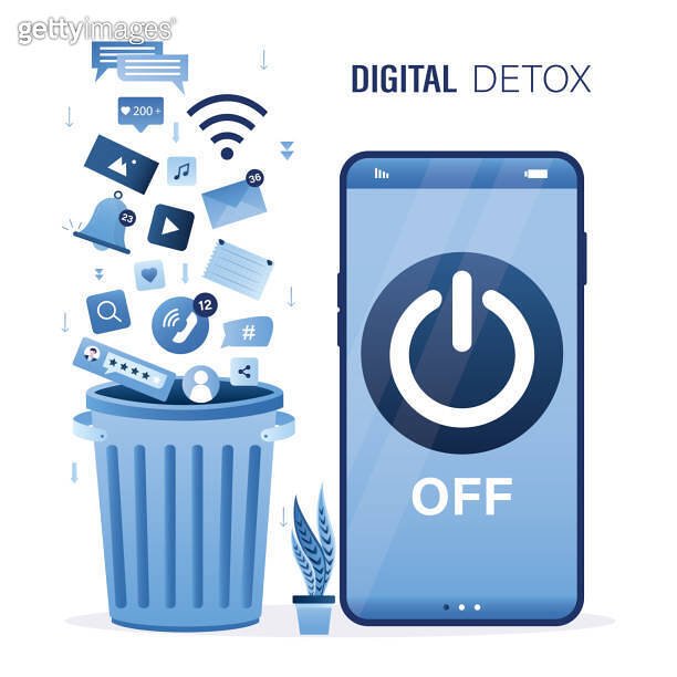 Turn off smartphone and throw social media signs in trash can. Off ...