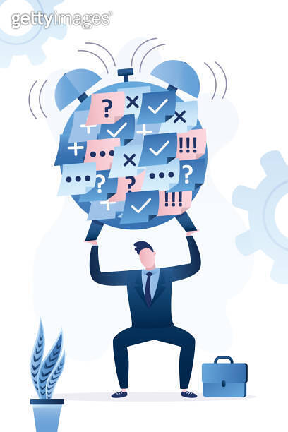 Time management. Frustrated businessman trying lift heavy clock with ...