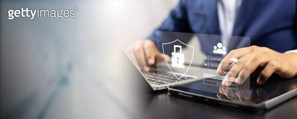 Cybersecurity and privacy concepts, User interacting with a secure login interface adorned with ...