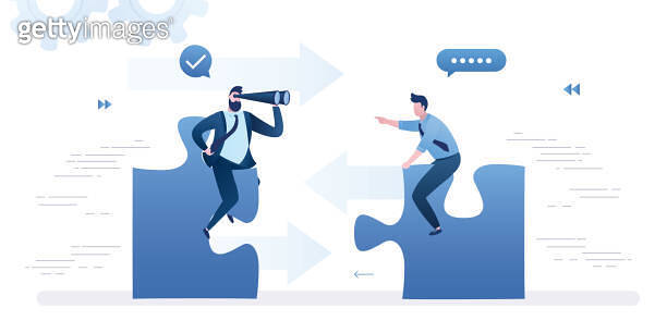 Businessmen ride puzzle pieces to meet each other. b2b concept ...