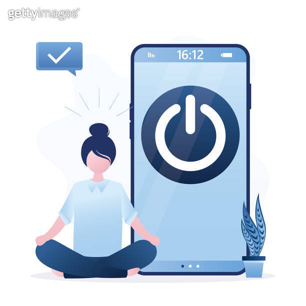 Tired girl user turn off smartphone. Off button on cell phone screen ...
