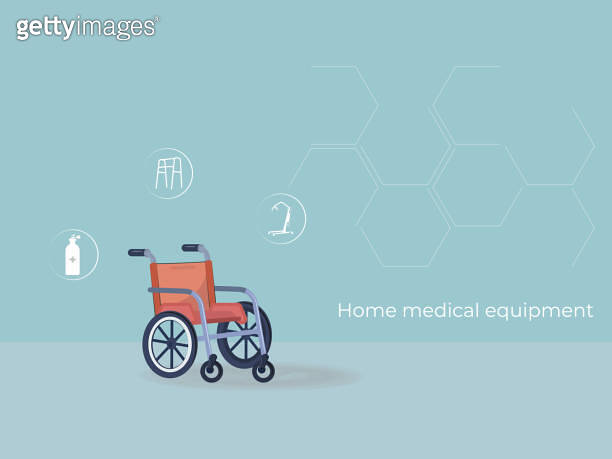 Image of a wheelchair around icons of an oxygen tank, walker and lift ...