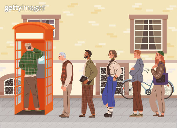 People queuing at payphone on city street. Diverse characters standing ...