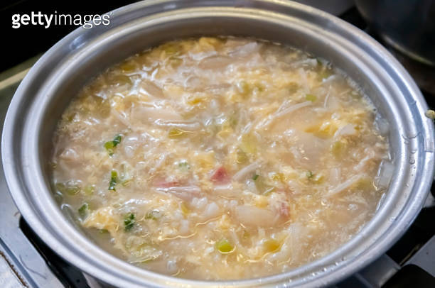 Japanese food, Ojiya (rice porridge with vegetables and luncheon meat ...