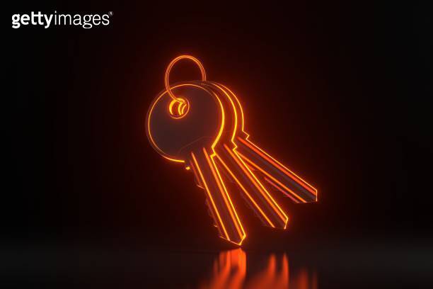 Bunch of keys with ring with bright glowing futuristic orange neon ...