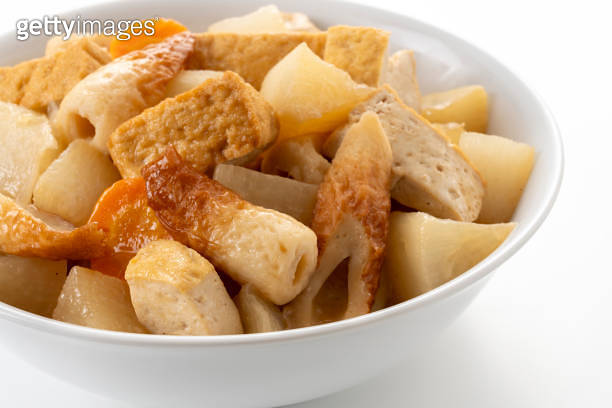 japanese food, simmered japanese white radish and chikuwa and thick ...