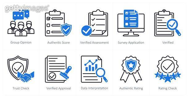 A set of 10 survey icons as group opinion, authentic score, verified ...