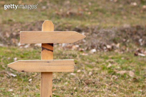 Wooden sign post with two arrows pointing in different direction in ...