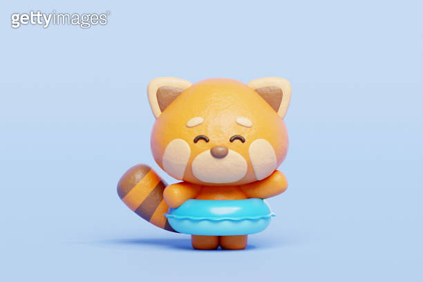 3D cute red panda with rubber swimming rings, Cartoon animal character ...
