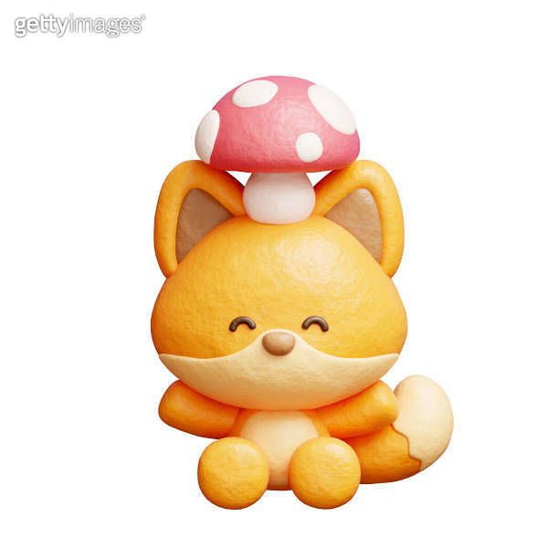 3D cute fox with mushroom, cartoon animal character, 3D rendering ...
