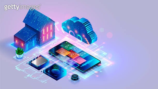 Smart home. IOT technology. Home automation. Smart home system isometric concept. Phone controls ...