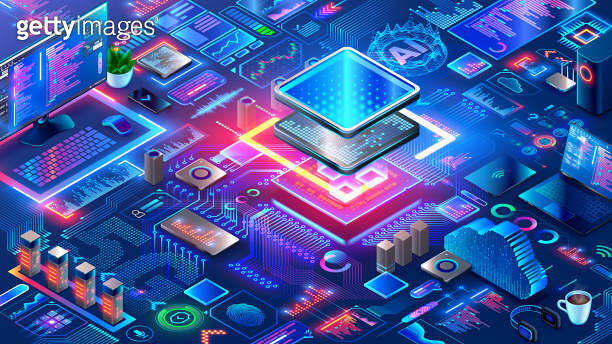 Chip with AI control smart devices. Electronics CPU industry. Hardware ...