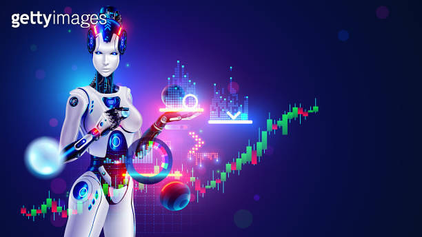 Robot AI trader analysing chart of stock exchange market. Woman robot ...