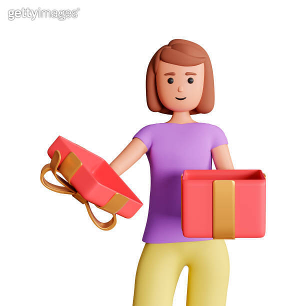 Woman cartoon character holding open gift box 3d illustration. 3d woman ...