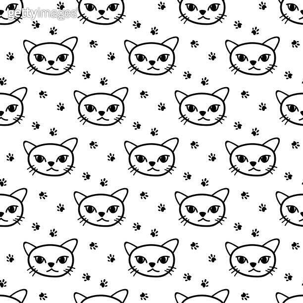 Seamless Cat face pattern. Hand drawn vector illustration of cat face ...