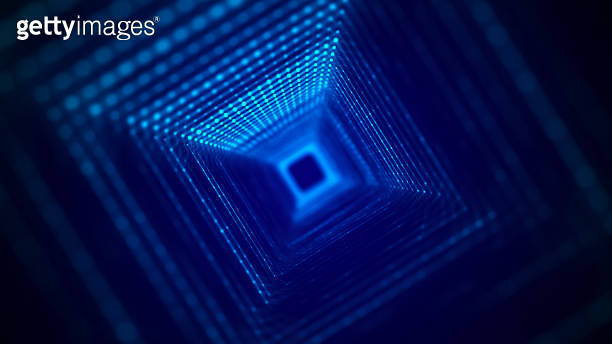 Cyber square tunnel consisting of moving glowing points. Futuristic ...